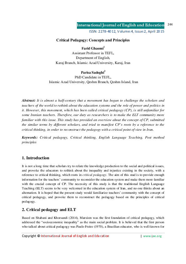 (PDF) Critical Pedagogy: Concepts and Principles