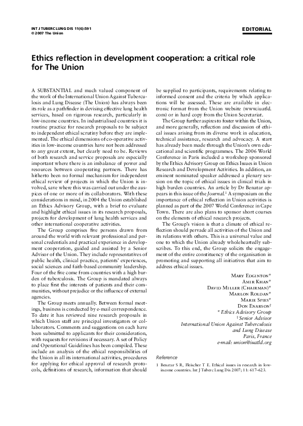 (PDF) Ethics reflection in development cooperation: a critical role for ...