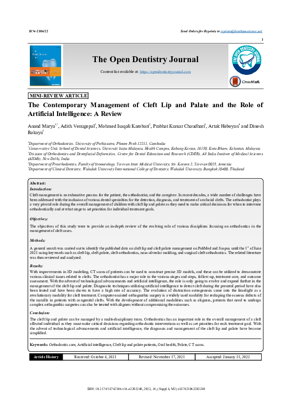 (PDF) The Contemporary Management of Cleft Lip and Palate and the Role of Artificial ...