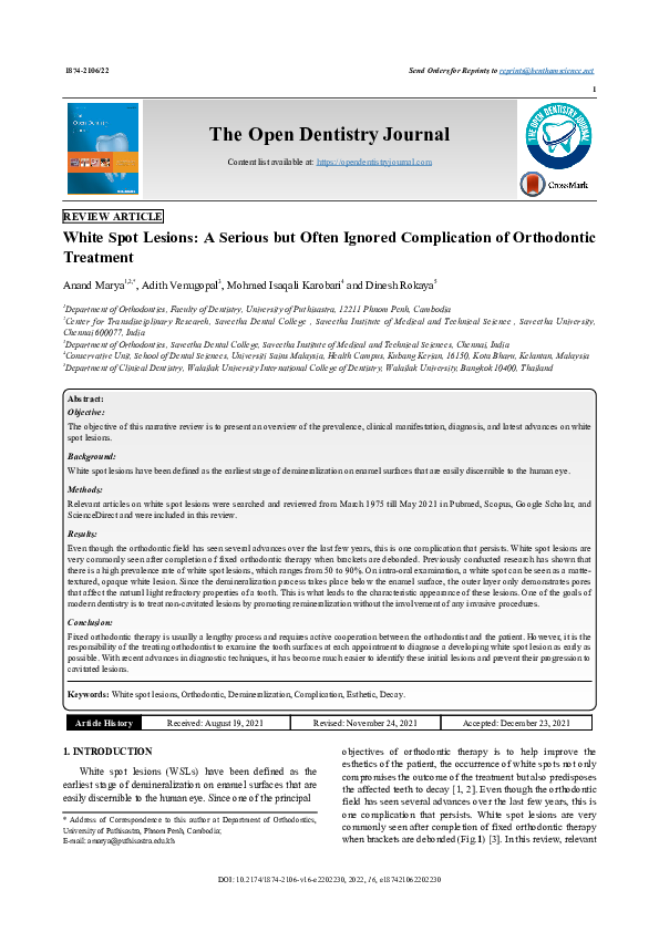 (PDF) White Spot Lesions: A Serious but Often Ignored Complication of ...