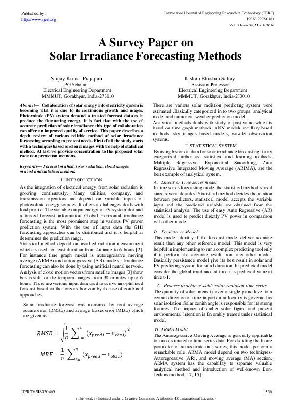 Pdf A Survey Paper On Solar Irradiance Forecasting Methods