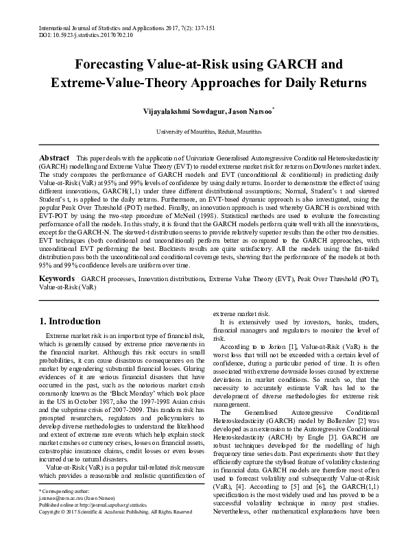 Pdf Forecasting Value At Risk Using Garch And Extreme Value Theory