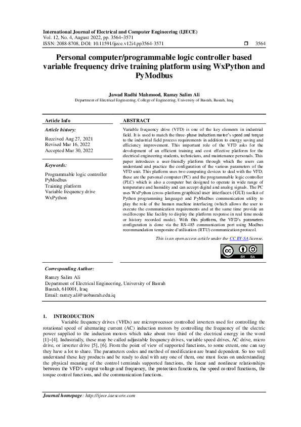 Pdf Personal Computer Programmable Logic Controller Based Variable Frequency Drive Training