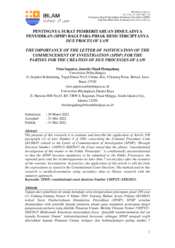 (PDF) Pentingnya Surat Pemberitahuan Dimulainya Penyidikan (SPDP) Bagi Para Pihak Demi ...