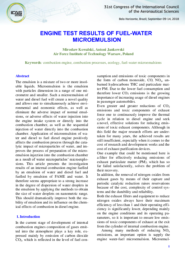 (PDF) Microemul-ENGINE TEST RESULTS OF FUEL-WATER MICROEMULSION