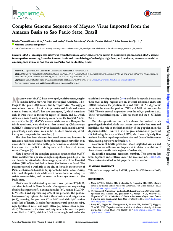 (PDF) Complete Genome Sequence of Mayaro Virus Imported from the Amazon ...