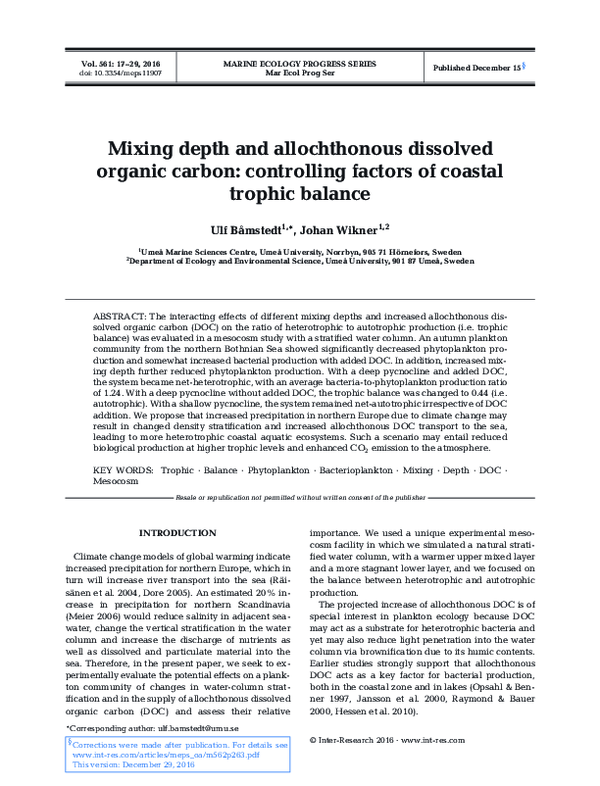(PDF) Mixing depth and allochthonous dissolved organic carbon ...