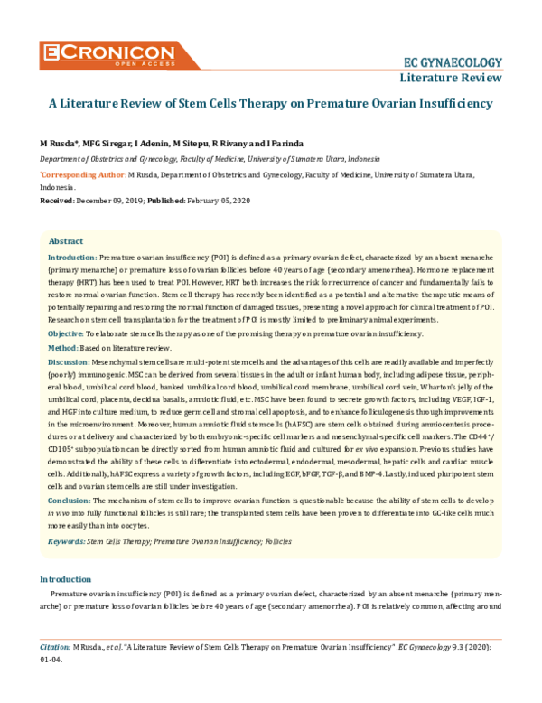 (PDF) A Literature Review of Stem Cells Therapy on Premature Ovarian Insufficiency