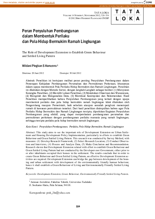 (PDF) Peran Penyuluhan Pembangunan Dalam Membentuk Perilaku Dan Pola Hidup Bermukim Ramah Lingkungan