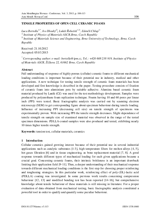 (PDF) Tensile properties of open cell ceramic foams | Lukáš Řehořek ...