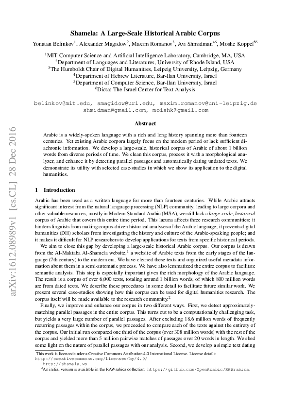 (PDF) Shamela: A Large-Scale Historical Arabic Corpus