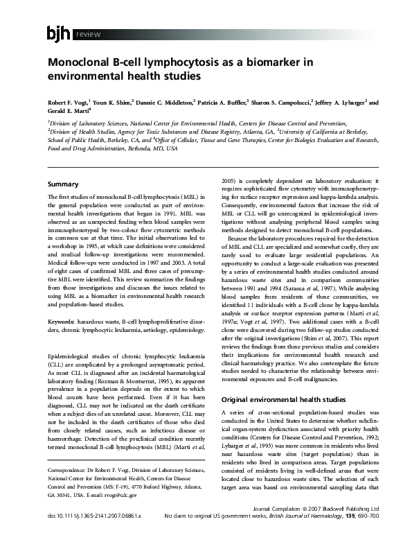 (PDF) Monoclonal B-cell lymphocytosis as a biomarker in environmental ...