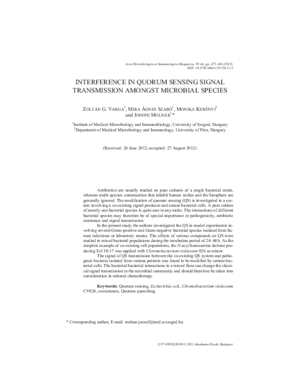 Pdf Interference In Quorum Sensing Signal Transmission Amongst Microbial Species