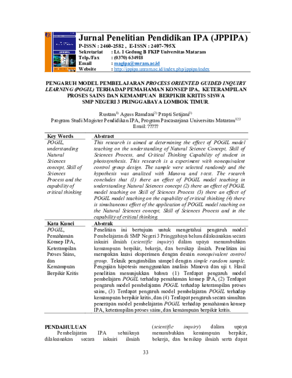 (PDF) Pengaruh Model Pembelajaran Process Oriented Guided Inquiry Learning (Pogil) Terhadap ...