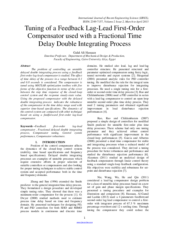 (PDF) Tuning of a Feed forward Lag-Lead First-Order Compensator used with a Fractional Time ...