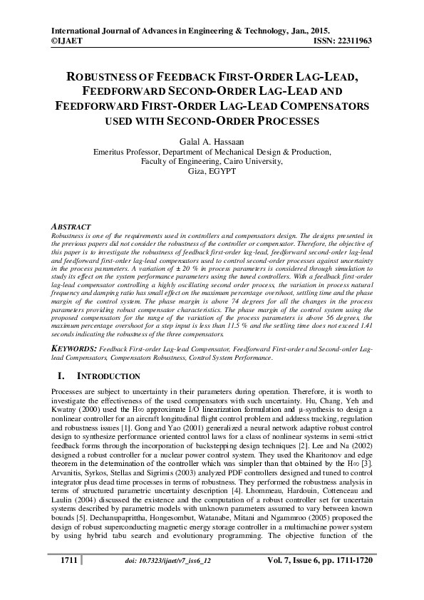 (PDF) Robustness of Feedback First-Order Lag-Lead, Feedforward Second ...