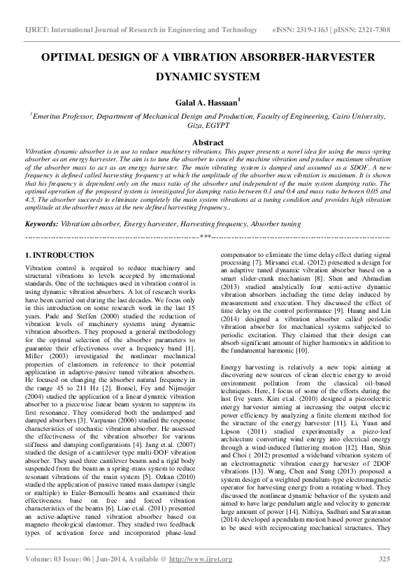 (PDF) Optimal Design of a Vibration Absorber-Harvester Dynamic System ... (PDF) Optimal Design of a Vibration Absorber-Harvester Dynamic System ...