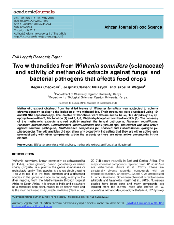 (PDF) Two withanolides from Withania somnifera (solanaceae) and activity of methanolic extracts ...