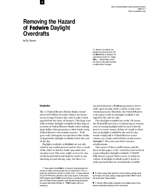 (PDF) Removing the hazard of Fedwire daylight overdrafts