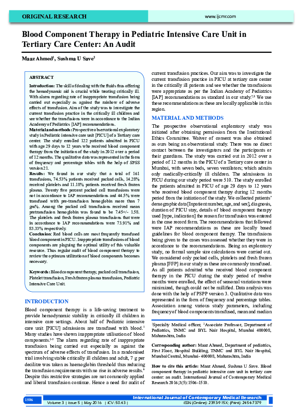 (PDF) Blood Component Therapy in Pediatric Intensive Care Unit in ...