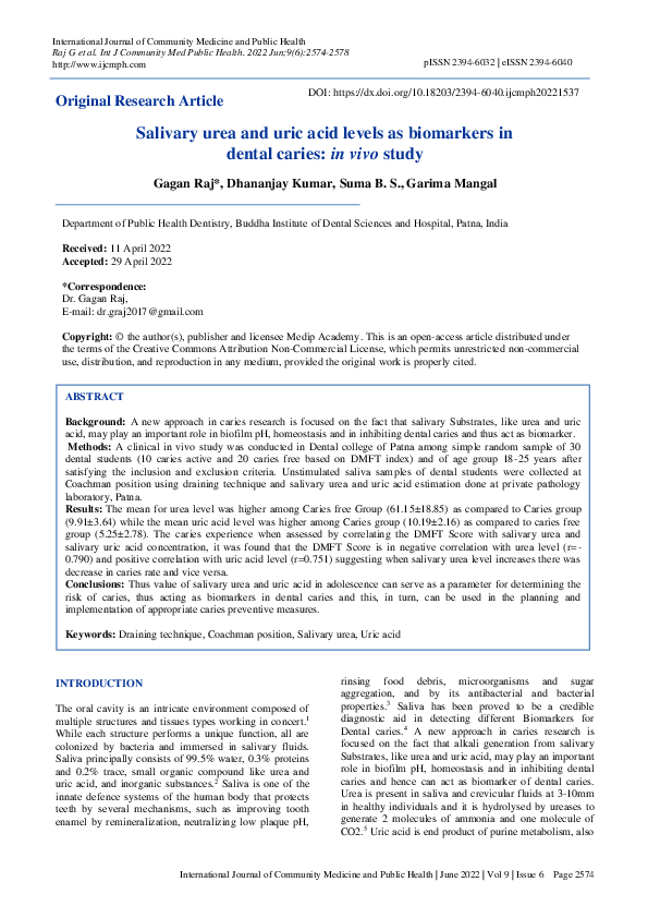 (PDF) Salivary urea and uric acid levels as biomarkers in dental caries: in vivo study