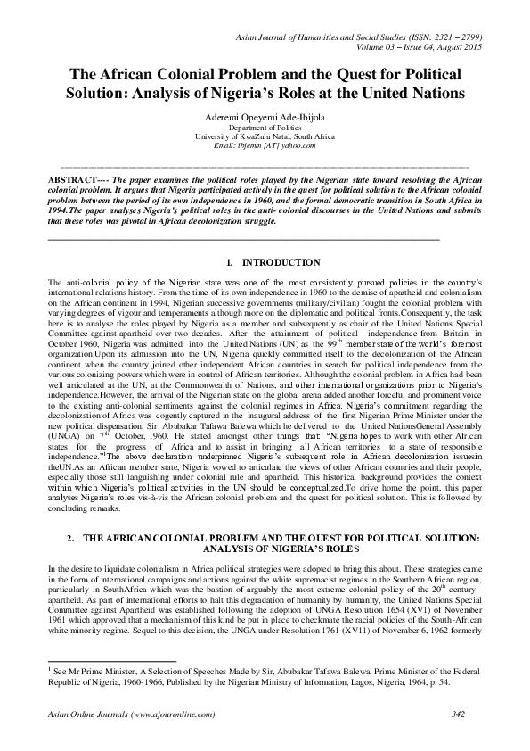 (PDF) The African Colonial Problem and the Quest for Political Solution ...