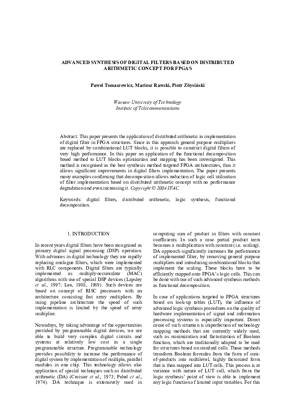 Pdf B06 Advanced Synthesis Of Digital Filters Based On Distributed Arithmetic Concept For 