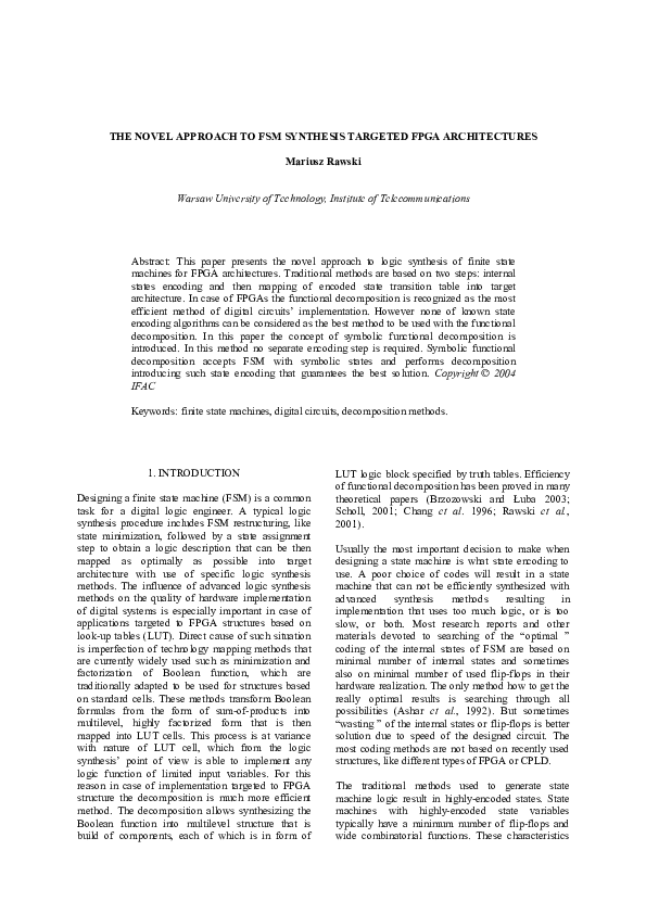 (PDF) B01: The novel approach to FSM synthesis targeted FPGA architectures