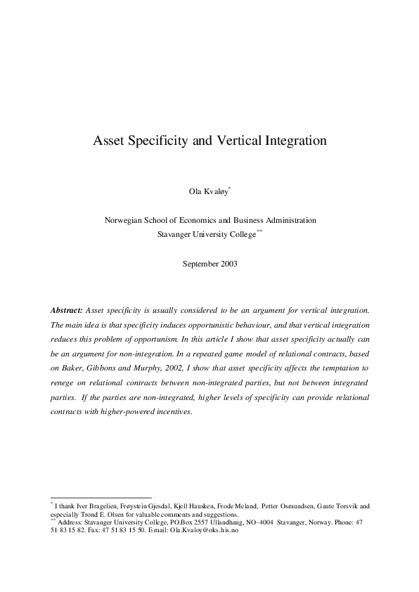 (PDF) Asset Specificity and Vertical Integration