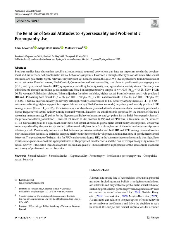 (PDF) The Relation of Sexual Attitudes to Hypersexuality and Problematic Pornography Use