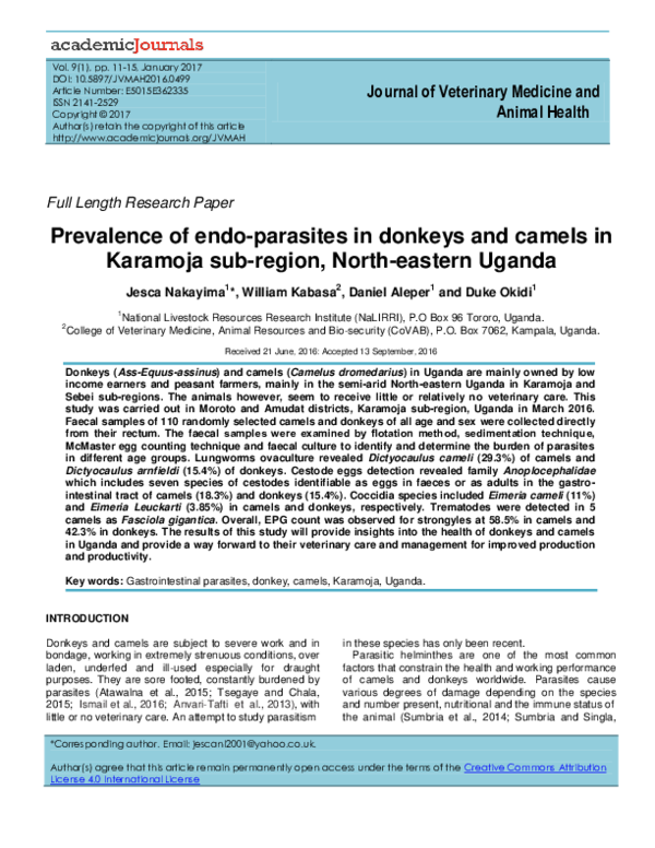(PDF) Prevalence of endo-parasites in donkeys and camels in Karamoja ...