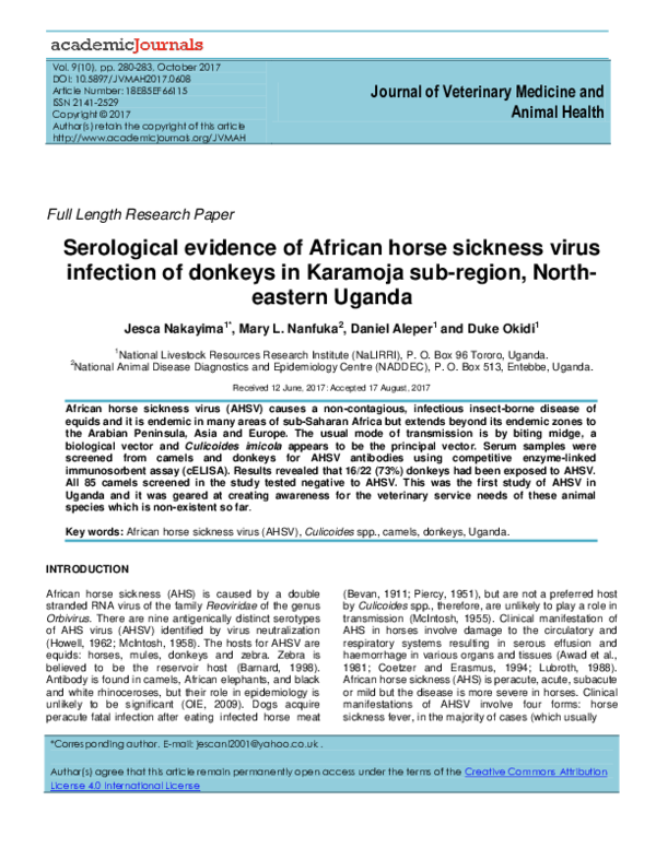 (PDF) Serological evidence of African horse sickness virus infection of ...