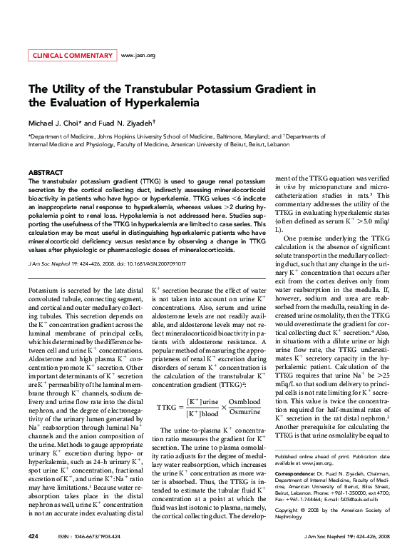 (PDF) The Utility of the Transtubular Potassium Gradient in the ...