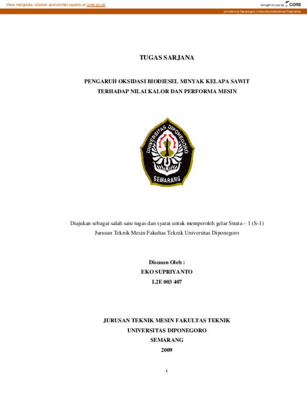 (PDF) Pengaruh Oksidasi Biodiesel Minyak Kelapa Sawit Terhadap Nilai ...