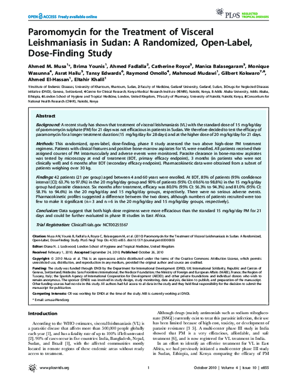 (PDF) Paromomycin for the Treatment of Visceral Leishmaniasis in Sudan ...