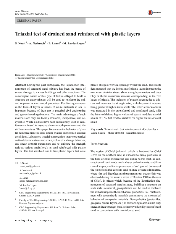 (PDF) Triaxial test of drained sand reinforced with plastic layers