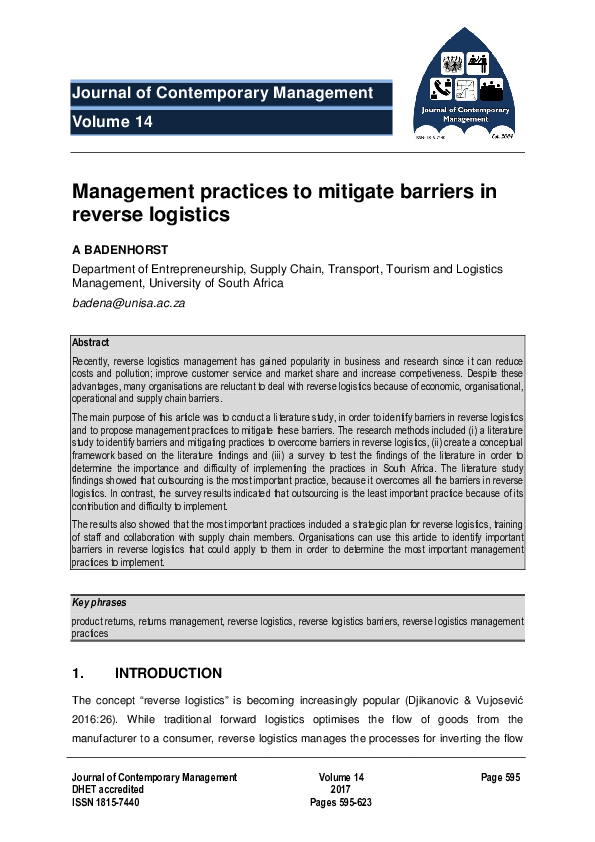 (PDF) Management practices to mitigate barriers in reverse logistics