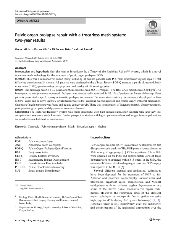 (PDF) Pelvic organ prolapse repair with a trocarless mesh system: two ...