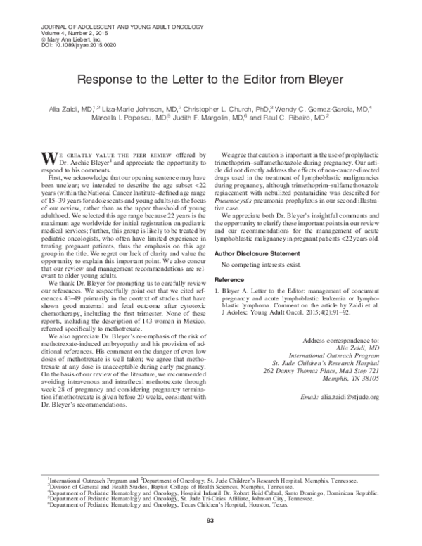 (PDF) Response to the Letter to the Editor from Bleyer