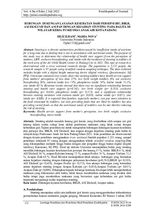 (PDF) Hubungan Dukungan Layanan Kesehatan Dari Persepsi Ibu, BBLR, Asi Ekslusif Dan Asupan ...