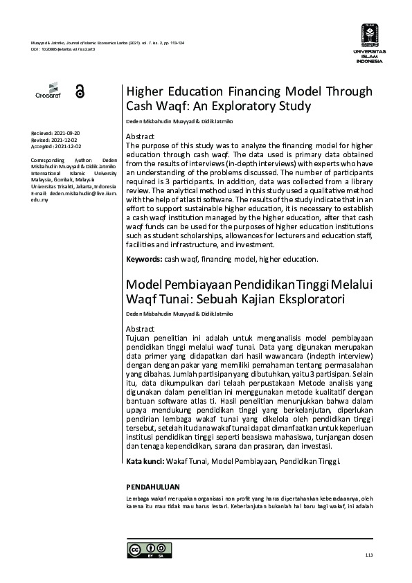 (PDF) Higher Education Financing Model Through Cash Waqf: An Exploratory Study | deden muayyad ...