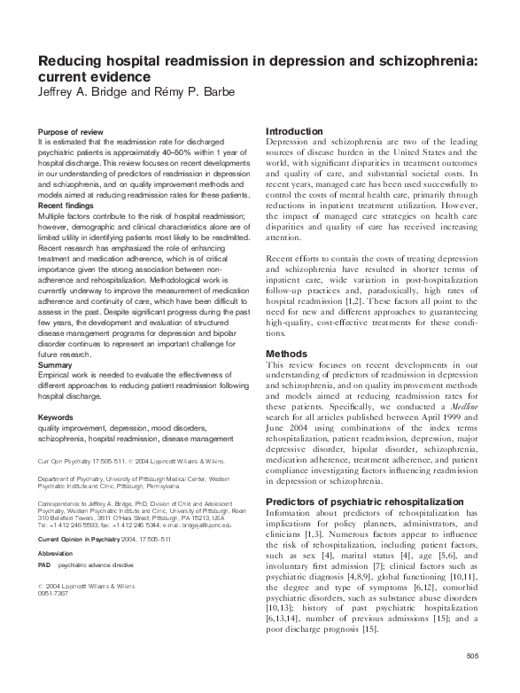 (PDF) Reducing hospital readmission in depression and schizophrenia ...