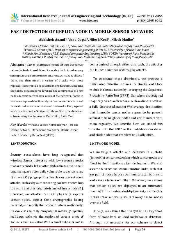 (PDF) Fast Detection of Replica Node in Mobile Sensor Network