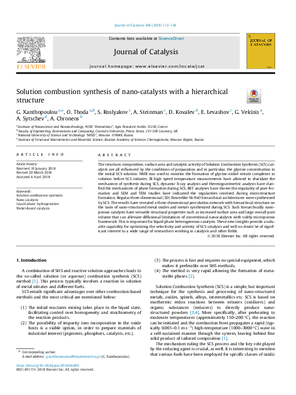(PDF) Solution combustion synthesis of nano-catalysts with a hierarchical structure