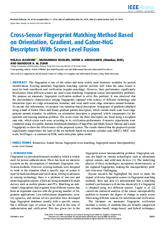 (PDF) Cross-Sensor Fingerprint Matching Method Based on Orientation, Gradient, and Gabor-HoG ...