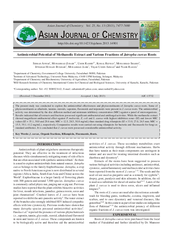 (PDF) Antimicrobial Potential of Methanolic Extract and Various Fractions of Jatropha curcas Roots