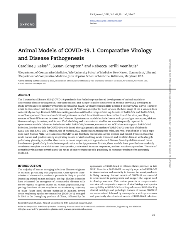 (PDF) Animal Models of COVID-19. I. Comparative Virology and Disease ...