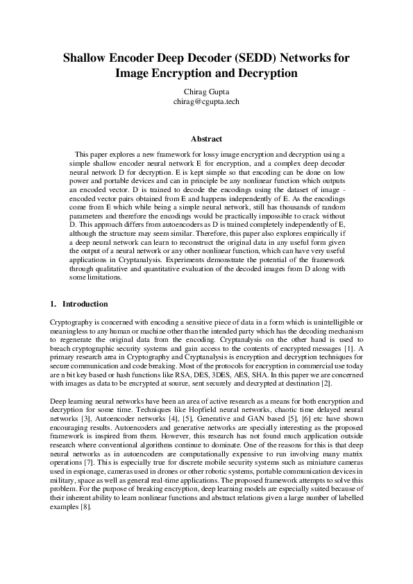 (PDF) Shallow Encoder Deep Decoder (SEDD) Networks for Image Encryption ...