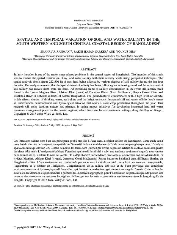 (PDF) Spatial and Temporal Variation of Soil and Water Salinity in the South-Western and South ...