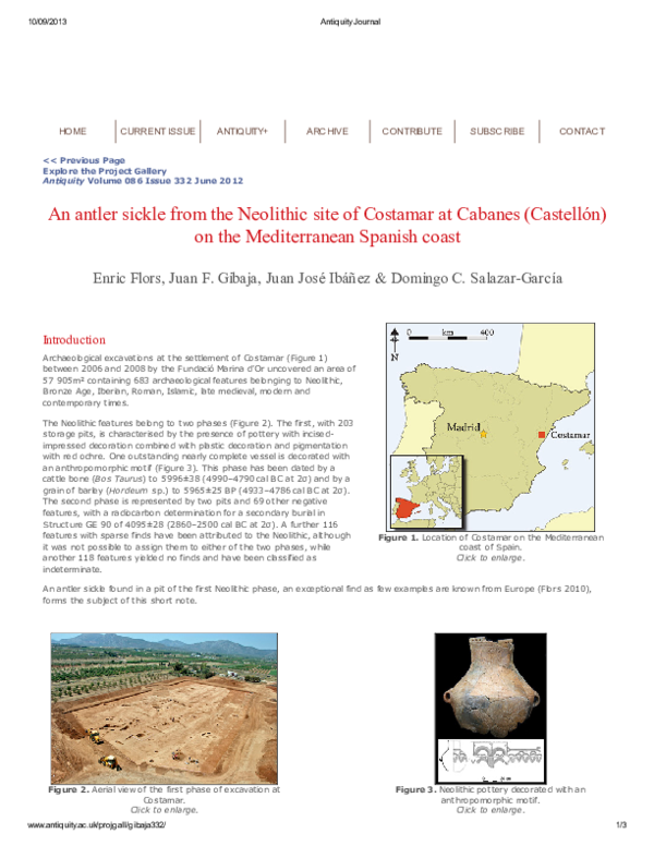 (PDF) An antler sickle from the Neolithic site of Costamar at Cabanes ...